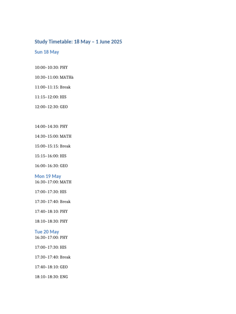 Study Timetable May June 2025 | PDF