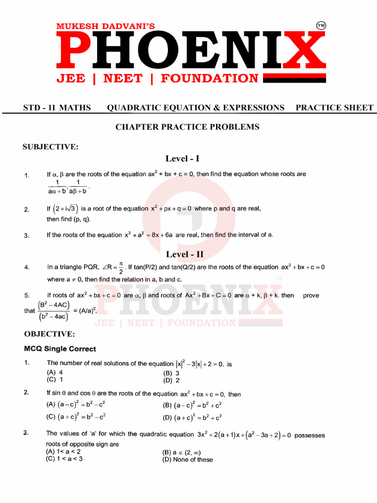 Quadratic Equation & Expressions Exercise Que & Ans | PDF