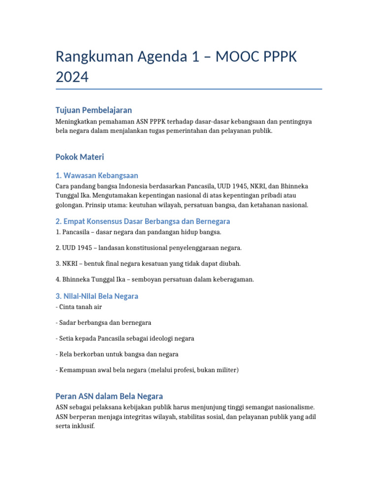 Rangkuman Agenda 1 MOOC PPPK 2024 | PDF