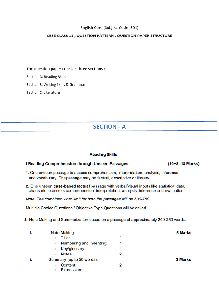 Class11 ENGLISH Ques Pattern | PDF