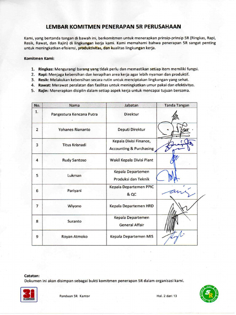 Lembar Komitmen Penerapan 5R (Kantor) | PDF