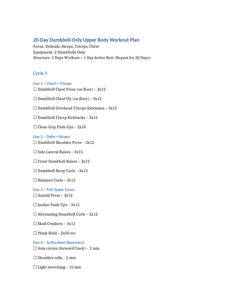 20-Day Dumbbell Upper Body Workout | PDF | Arm | Weight Training