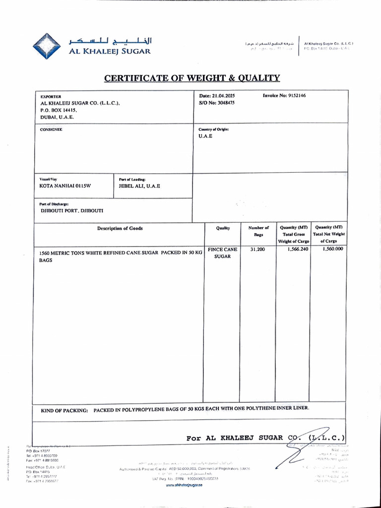 Certificate of Analysis, Certificate of Weight & Quality and Ecoort ...