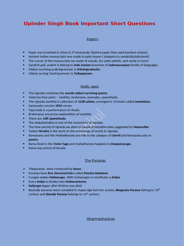 Upinder Singh Book Important Short Questions | PDF | Vedas | Puranas