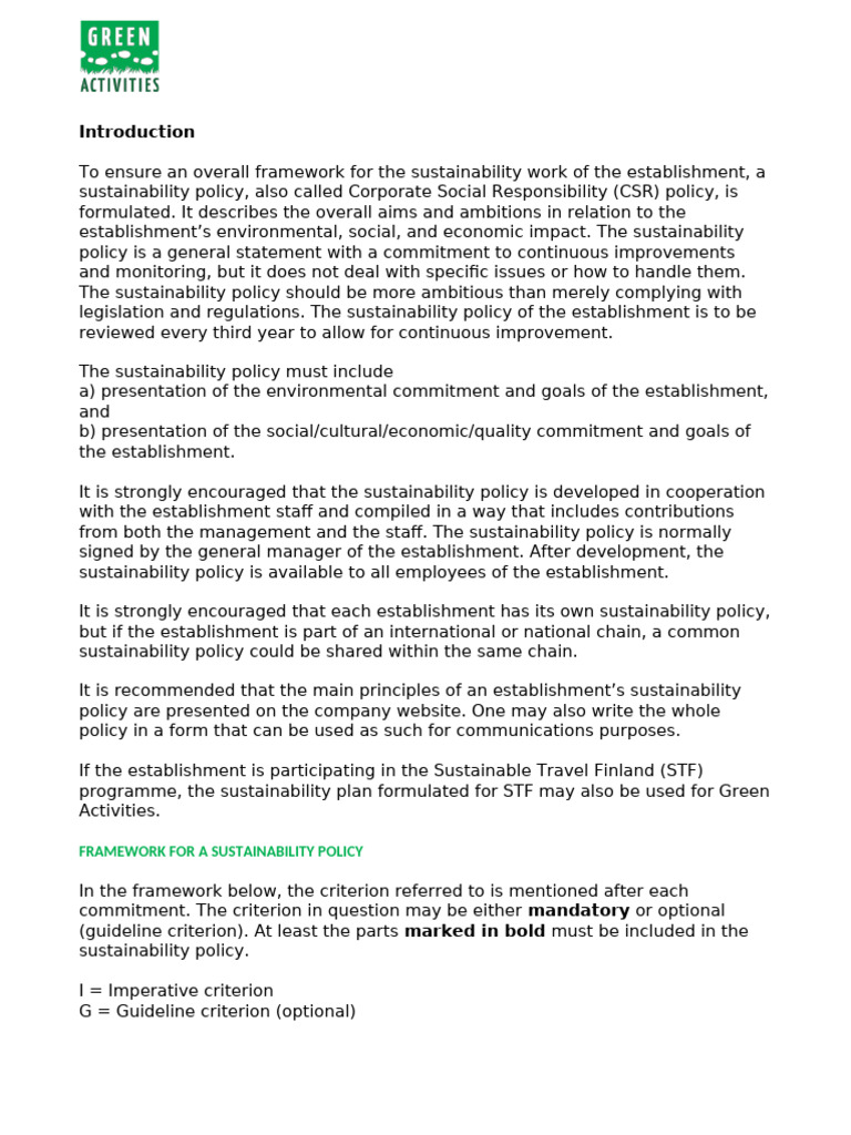 Green Activities Sustainability Policy - Template - 1.11 | PDF ...