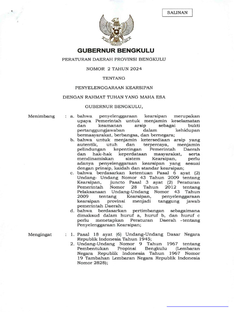 Perda 2 Tahun 2024 TTG Penyelenggara Kearsipan | PDF