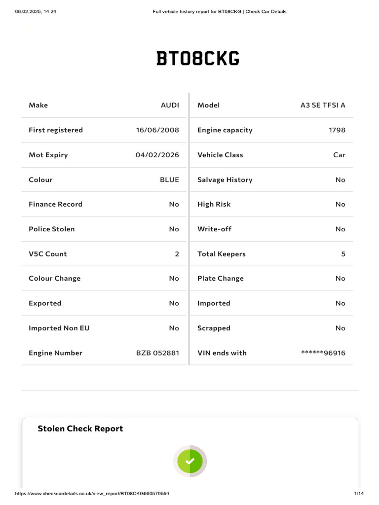 Full Vehicle History Report For BT08CKG - Check Car Details | PDF ...