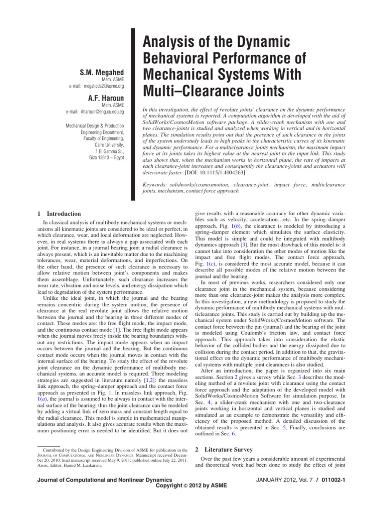 Megahed2012Analysis of The Dynamic Behavioral Performance of Mechanical Systems With Multi ...