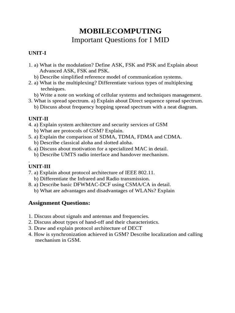 Mobile Computing I MID Important Questions | PDF
