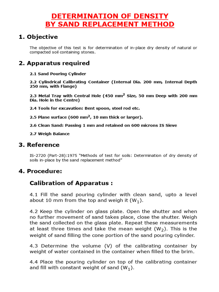 Determination of Density by Sand Replacement Method | PDF | Density | Sand
