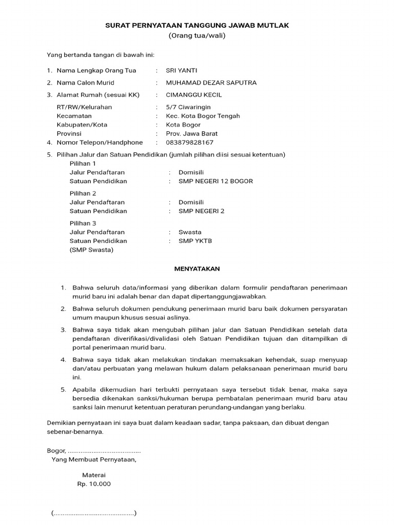 Surat Pernyataan Tanggung Jawab Mutlak | PDF