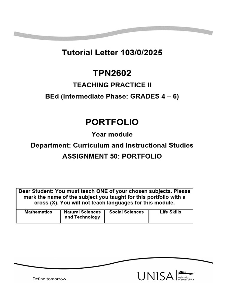 Tutorial Letter 103/0/2025: Teaching Practice Ii Bed (Intermediate Phase: Grades 4 - 6) | PDF ...