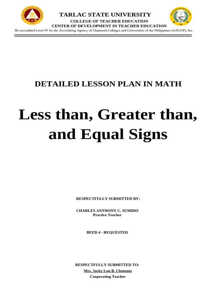 Detailed Lesson Plan in Math (Less Than, Greater Than, Equal Signs ...