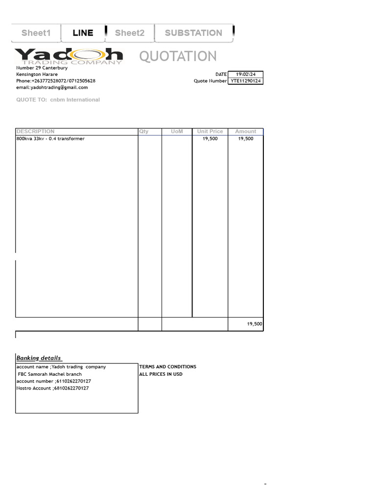 800kVA Transformer Quotation YTE11290124 | PDF