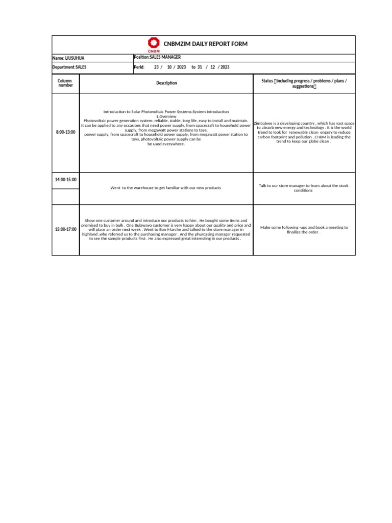 LiuSuhua Daily Work Report | PDF | Photovoltaic System | Photovoltaics
