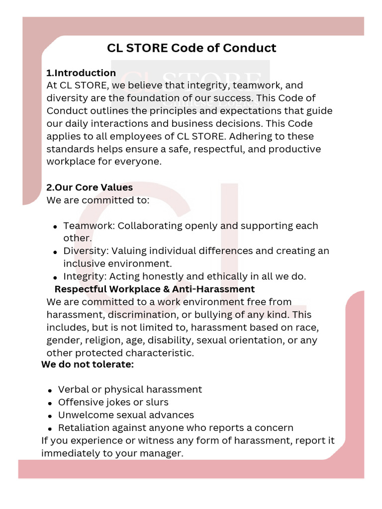 CL Store Code of Conduct | PDF | Harassment | Social Psychology