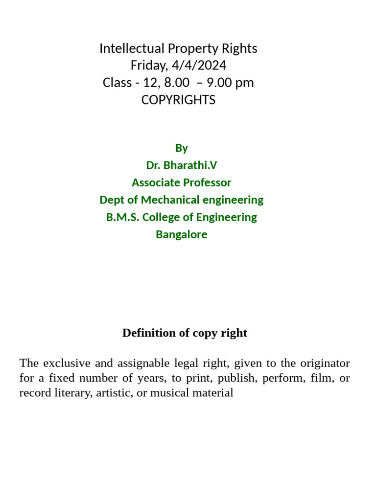 2025 - Ipr - 4-4-25, Class - 12 | PDF | Copyright Law Of The United ...