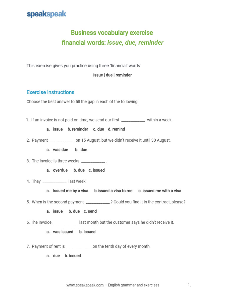 B 003 Handout Exercise Financial Words Issue Due Reminder | PDF