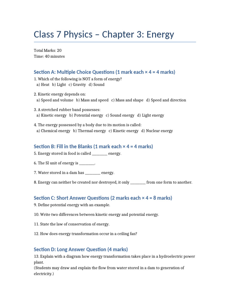 Energy Concepts for Class 7 Physics | PDF
