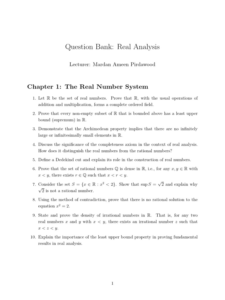 Question Bank Real Analysis | PDF | Real Number | Abstract Algebra