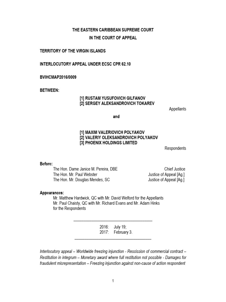 Appeal on Freezing Injunction Case | PDF | Misrepresentation | Damages