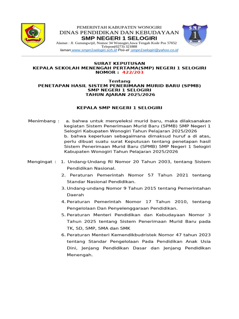 SK Penetapan Hasil SPMB SMPN 1 Selogiri 2025 | PDF