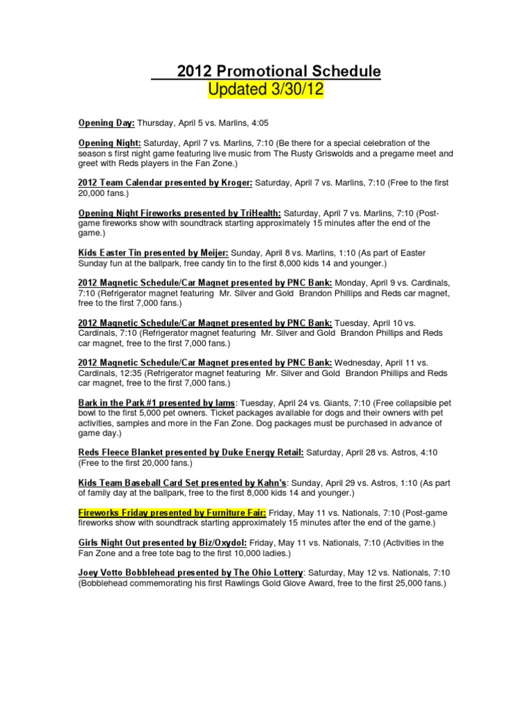 2012 Promotional Schedule | PDF | Cincinnati Reds | St. Louis Cardinals