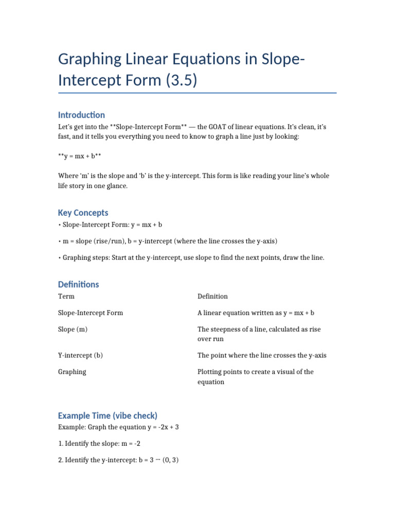 Graphing Slope Intercept Form Study Guide | PDF