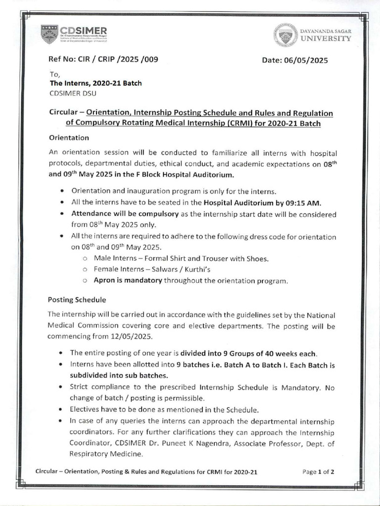 Circular For Interns | PDF