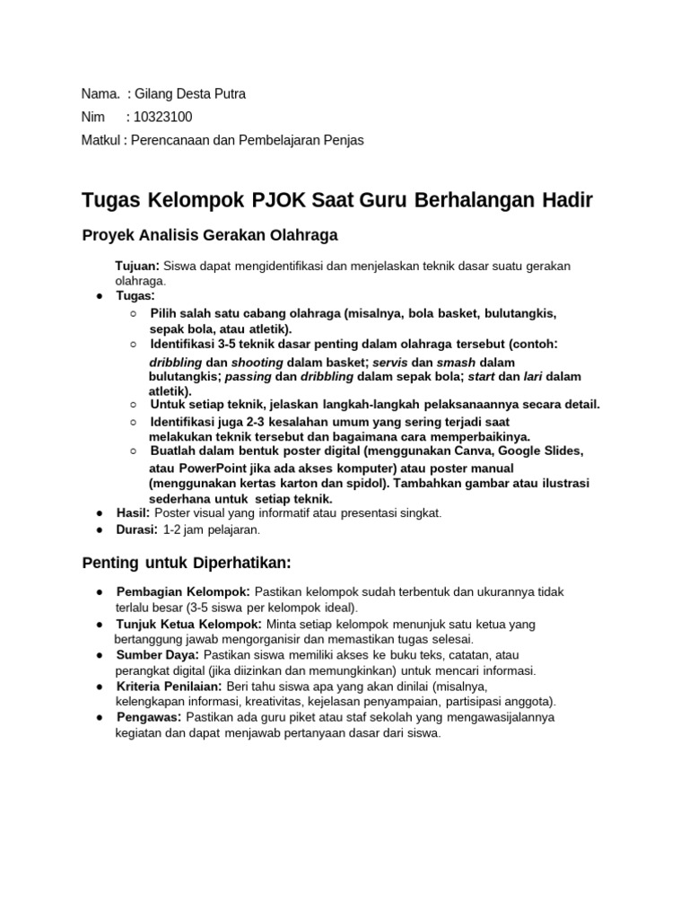 Buatlan Tugas Kelompok Buat Pelajaran Pjok Untuk S | PDF