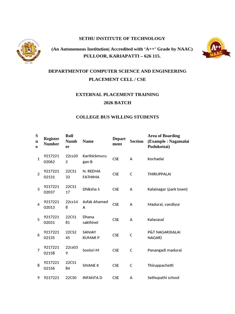 College Bus Willing Students CSE | PDF