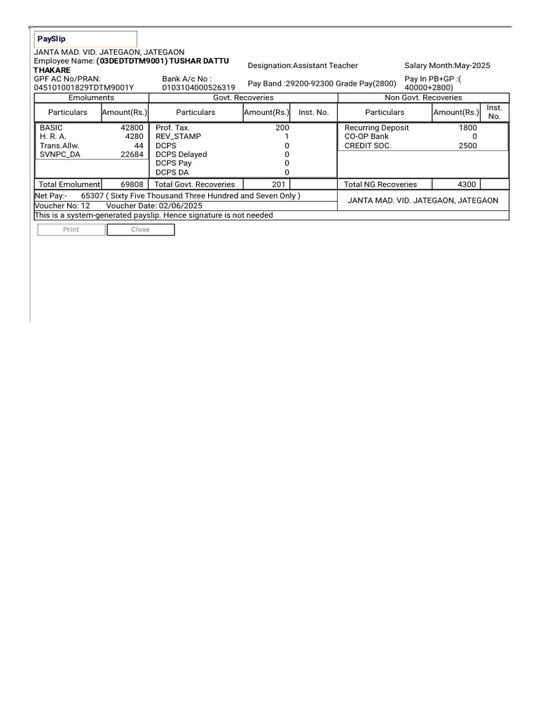 May 2025 Payslip for Tushar Thakare | PDF