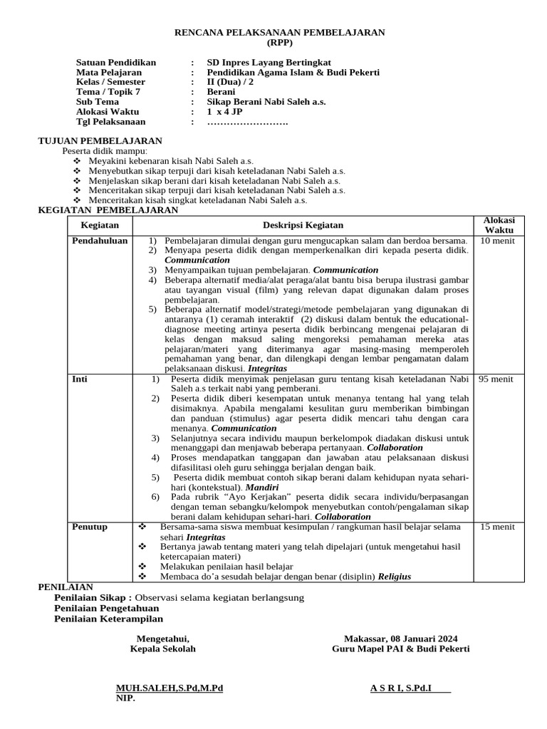 RPP PAI 1 Lembar Kelas 2 Semester 2 Topik 7 Sikap Berani Nabi Saleh As | PDF