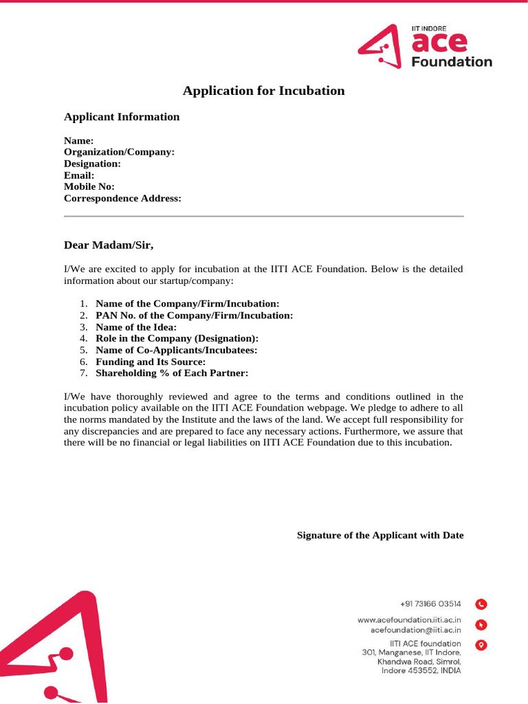 IITI ACE Foundation Incubation Application | PDF