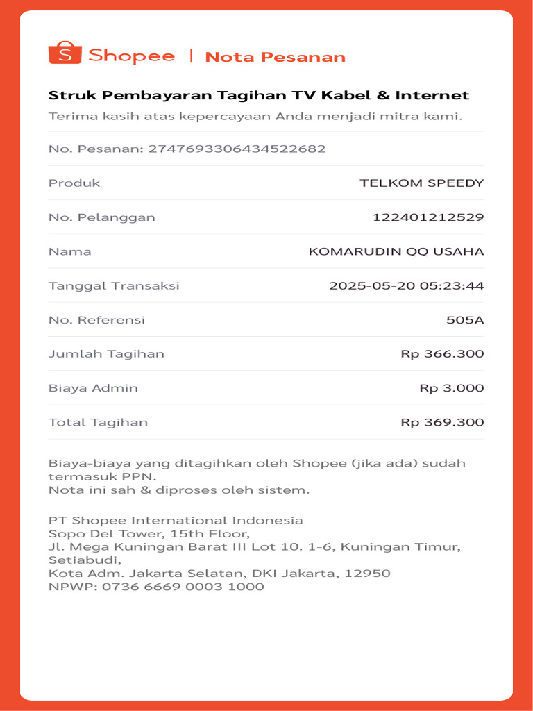 Nota Pesanan: Struk Pembayaran Tagihan TV Kabel & Internet | PDF