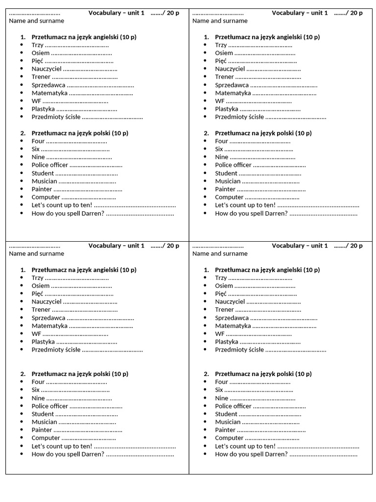 Kartkówka - Voc Unit 1 | PDF
