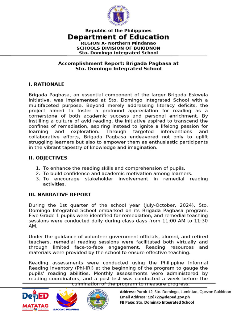 Brigada Pagbasa Accomplishment Report | PDF | Behavior Modification ...