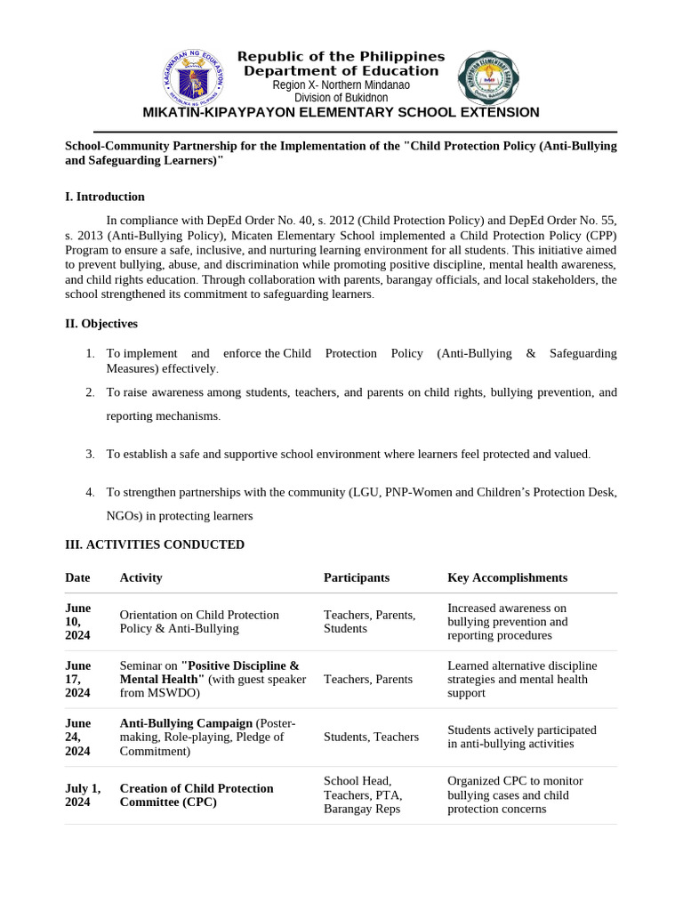 MOV 4 ACCOMPLISHMENT REPORT Child Protection Policy | PDF | Bullying ...
