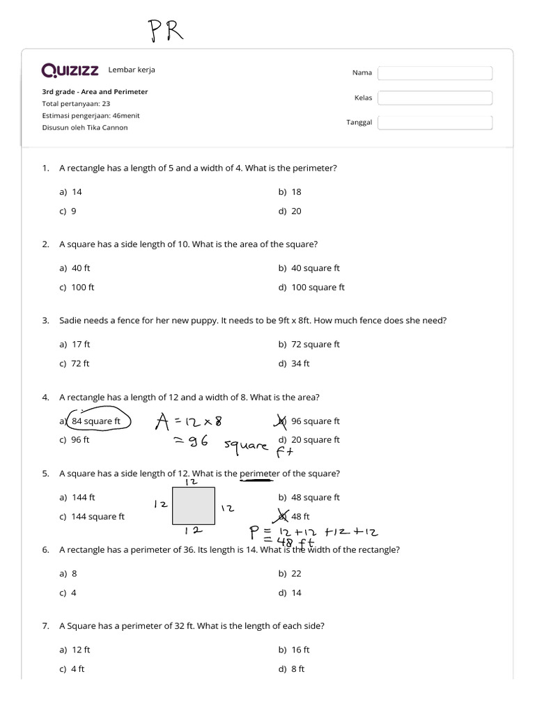 Area and Perimeter Questions for Grade 6 | PDF | Area | Length
