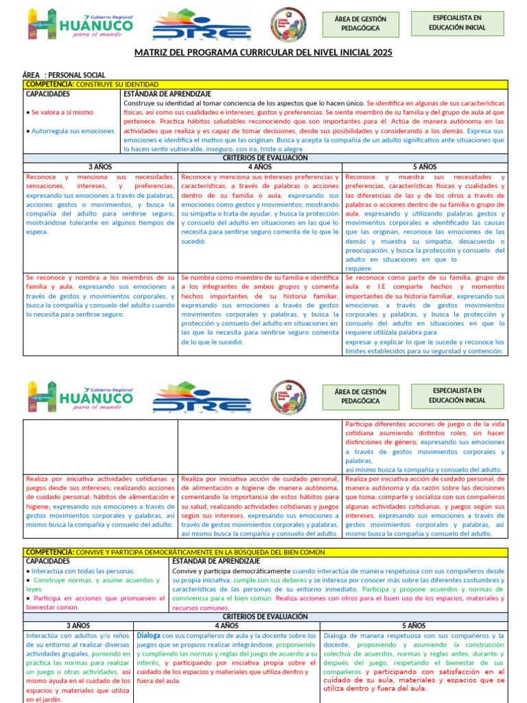 Matriz de Criterios de Evaluación 2025 | PDF | Educación de la primera infancia | Las emociones