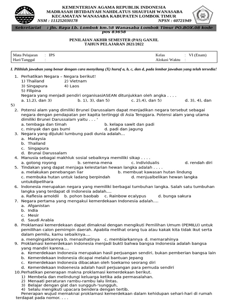 Kop Soal Pas 2021-2022 Ips | PDF