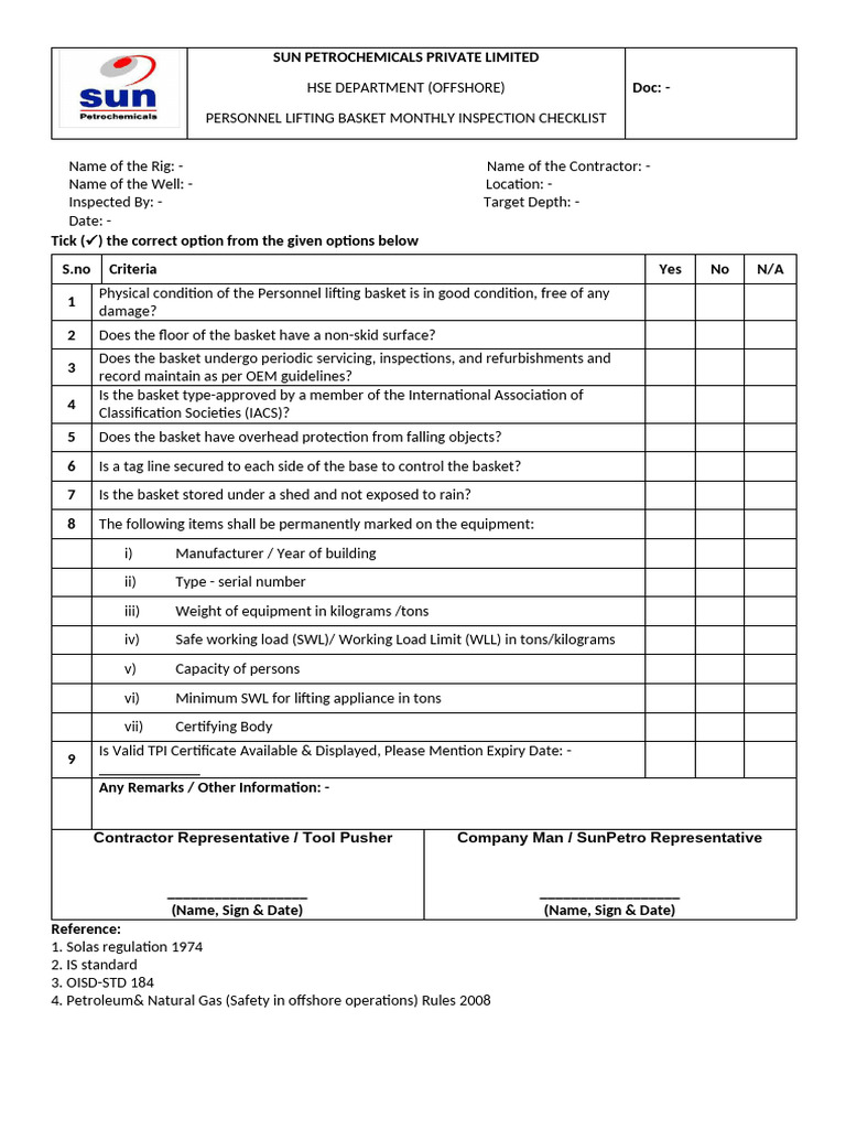 Personnel Lifting Basket Monthly Inspection Checklist | PDF
