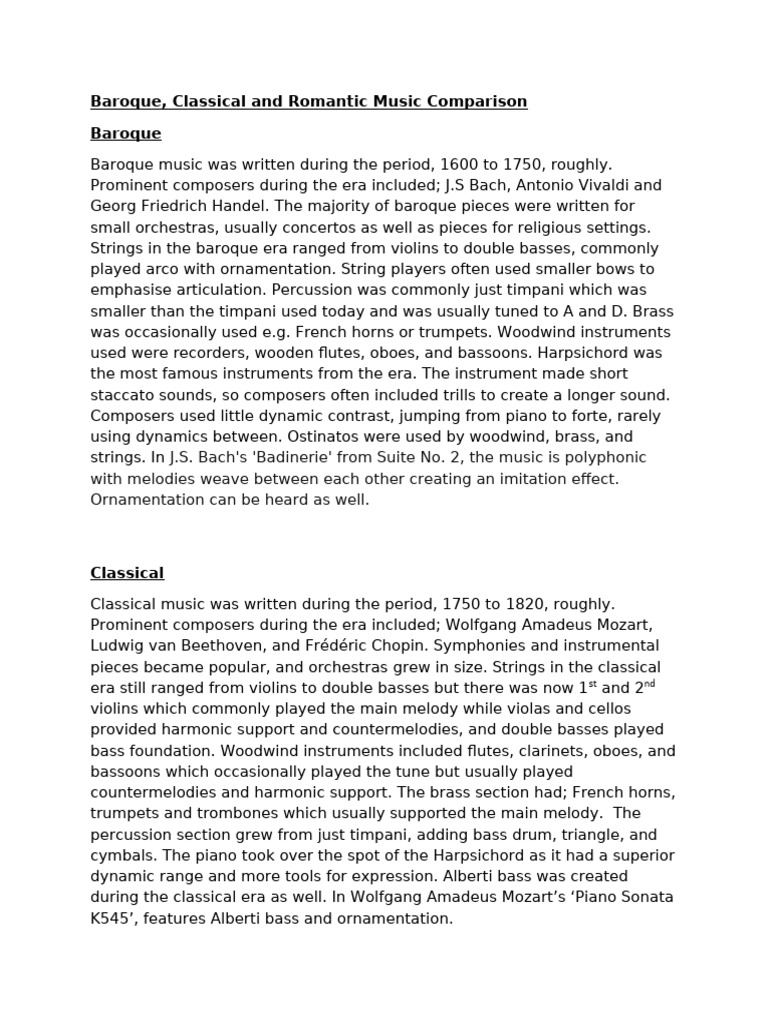 Baroque, Classical and Romantic Essay | PDF | Classical Period (Music ...