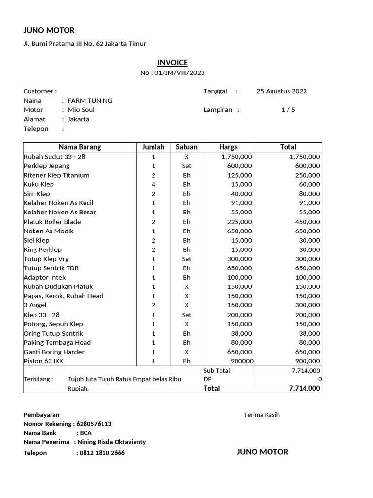 Invoice Juno Motor untuk Farm Tuning | PDF