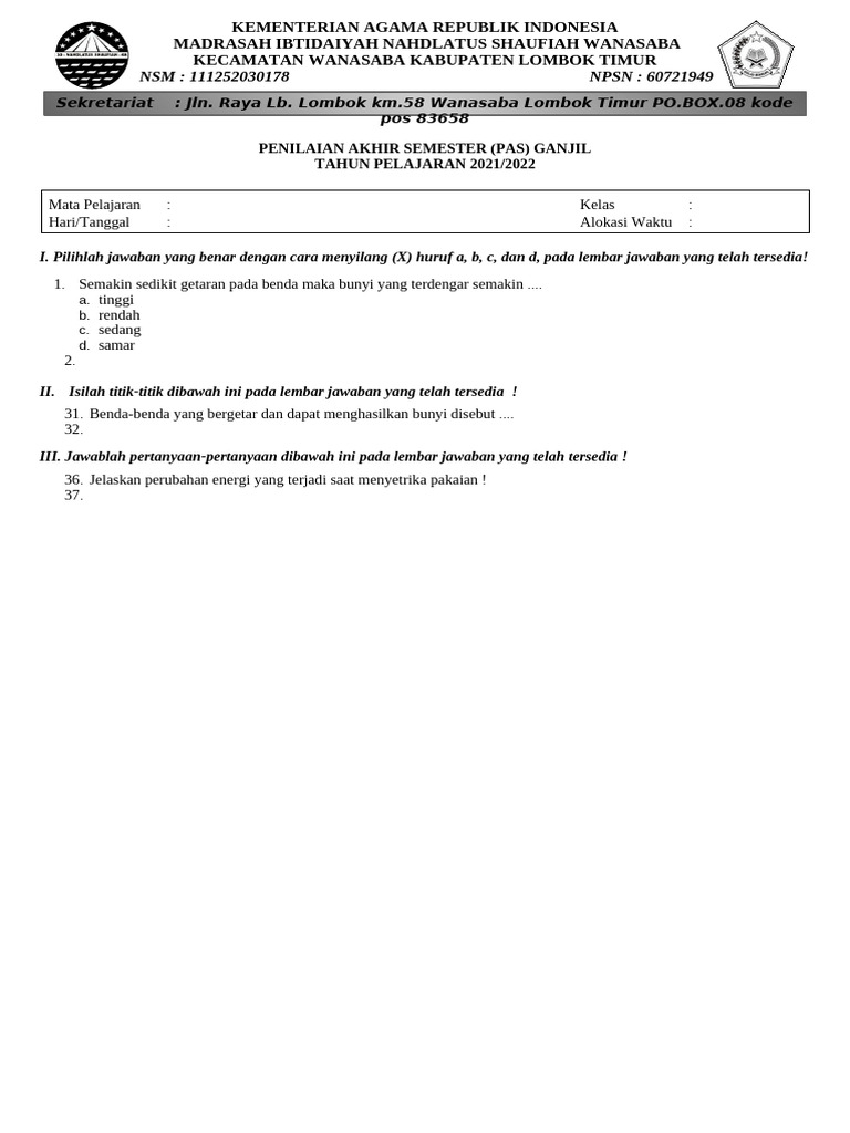 Kop Soal Pas 2021-2022 Mtk | PDF