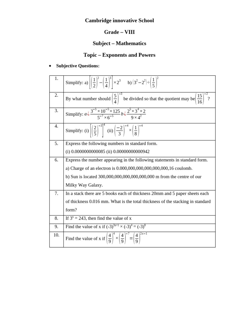 Grade Viii Exponents and Powers (Practice 2) | PDF | Astronomical ...