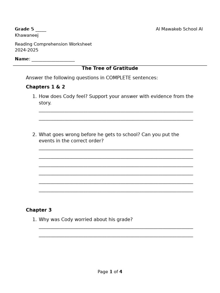 Reading Comprehension - Gratitude | PDF