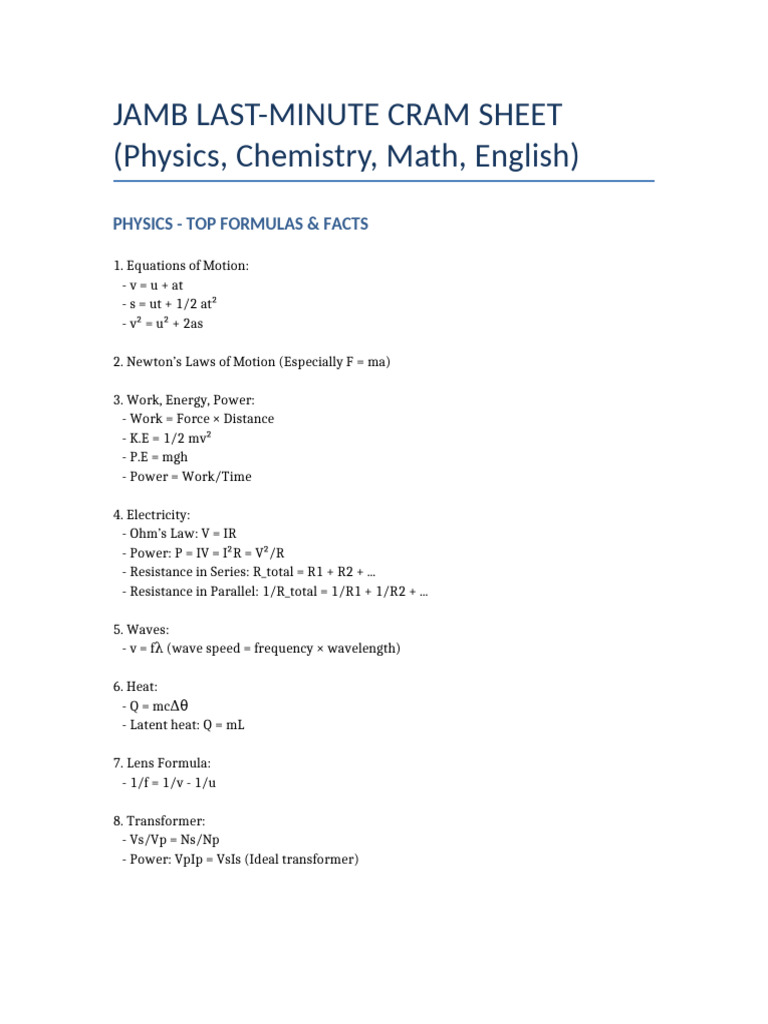 JAMB Last Minute Cram Sheet | PDF | Redox | Area