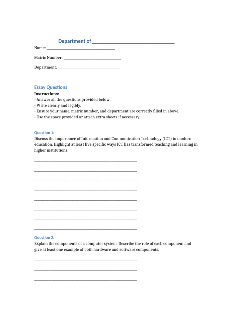 Essay Questions Student Sheet | PDF | Educational Technology | Computing