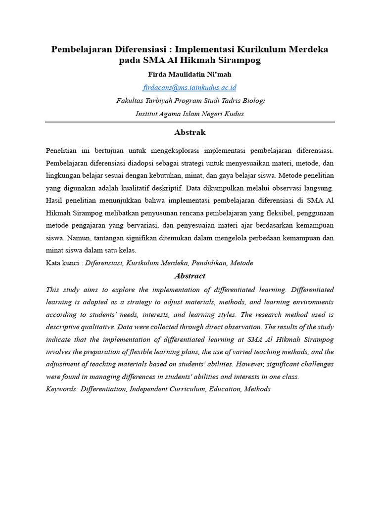 Pembelajaran Diferensiasi Implementasi Kurikulum Merdeka Pada SMA Al Hikmah Sirampog - New1 | PDF